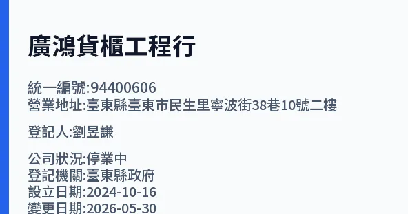 廣鴻貨櫃工程行的照片-統編 94400606(臺東縣) 公司登記資料與營業項目詳細圖表