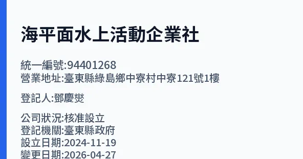 海平面水上活動企業社的照片-統編 94401268(臺東縣) 公司登記資料與營業項目詳細圖表