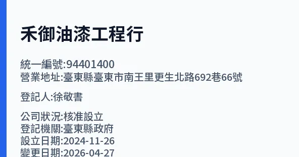 禾御油漆工程行的照片-統編 94401400(臺東縣) 公司登記資料與營業項目詳細圖表