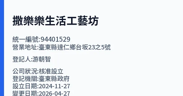 撒樂樂生活工藝坊的照片-統編 94401529(臺東縣) 公司登記資料與營業項目詳細圖表