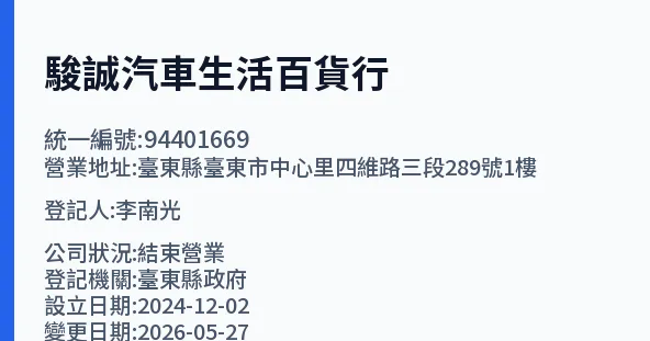 駿誠汽車生活百貨行的照片-統編 94401669(臺東縣) 公司登記資料與營業項目詳細圖表