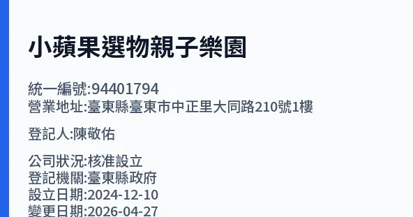 小蘋果選物親子樂園的照片-統編 94401794(臺東縣) 公司登記資料與營業項目詳細圖表