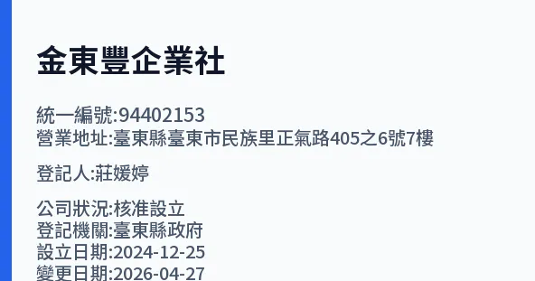 金東豐企業社的照片-統編 94402153(臺東縣) 公司登記資料與營業項目詳細圖表