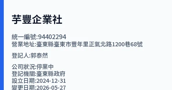 芋豐企業社的照片-統編 94402294(臺東縣) 公司登記資料與營業項目詳細圖表