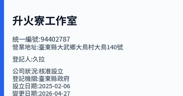 升火寮工作室的照片-統編 94402787(臺東縣) 公司登記資料與營業項目詳細圖表