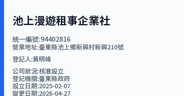 池上漫遊租事企業社的照片-統編 94402816(臺東縣) 公司登記資料與營業項目詳細圖表