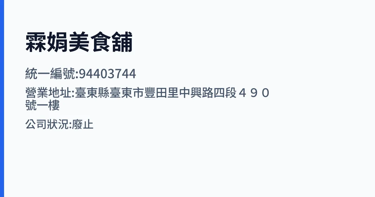 霖娟美食舖 - 統編 94403744(臺東縣) 公司登記資料與營業項目詳細圖表