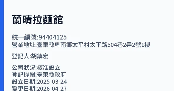 蘭晴拉麵館的照片-統編 94404125(臺東縣) 公司登記資料與營業項目詳細圖表