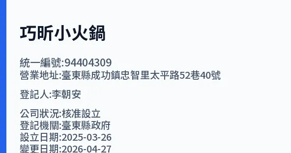 巧昕小火鍋的照片-統編 94404309(臺東縣) 公司登記資料與營業項目詳細圖表
