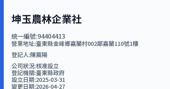 坤玉農林企業社的照片-統編 94404413(臺東縣) 公司登記資料與營業項目詳細圖表