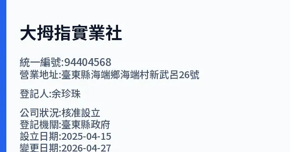 大拇指實業社的照片-統編 94404568(臺東縣) 公司登記資料與營業項目詳細圖表