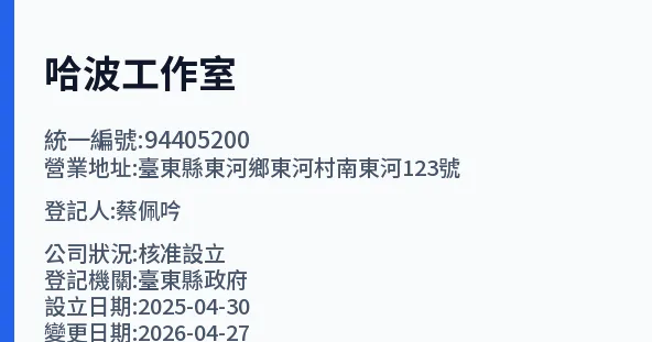 哈波工作室的照片-統編 94405200(臺東縣) 公司登記資料與營業項目詳細圖表