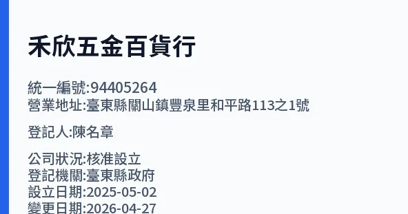 禾欣五金百貨行的照片-統編 94405264(臺東縣) 公司登記資料與營業項目詳細圖表
