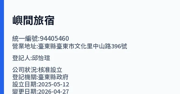 嶼間旅宿的照片-統編 94405460(臺東縣) 公司登記資料與營業項目詳細圖表