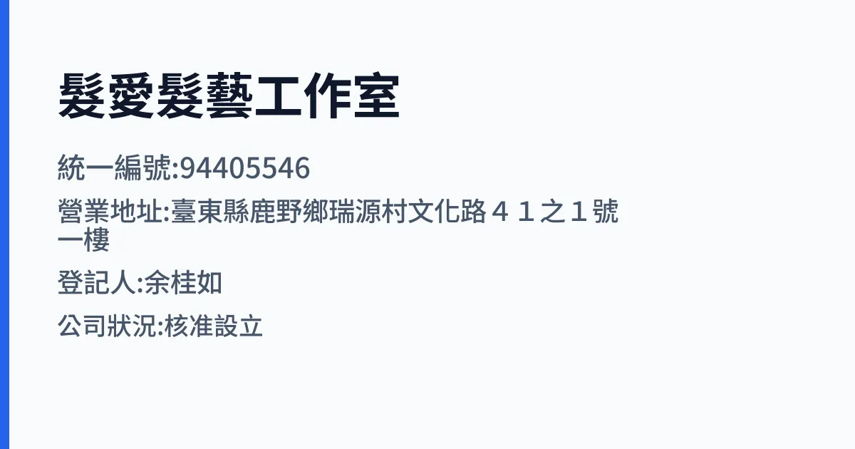 髮愛髮藝工作室 - 統編 94405546(臺東縣) 公司登記資料與營業項目詳細圖表