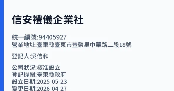 信安禮儀企業社的照片-統編 94405927(臺東縣) 公司登記資料與營業項目詳細圖表