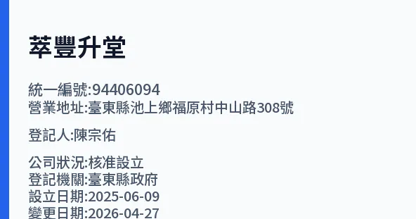萃豐升堂的照片-統編 94406094(臺東縣) 公司登記資料與營業項目詳細圖表