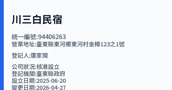 川三白民宿的照片-統編 94406263(臺東縣) 公司登記資料與營業項目詳細圖表