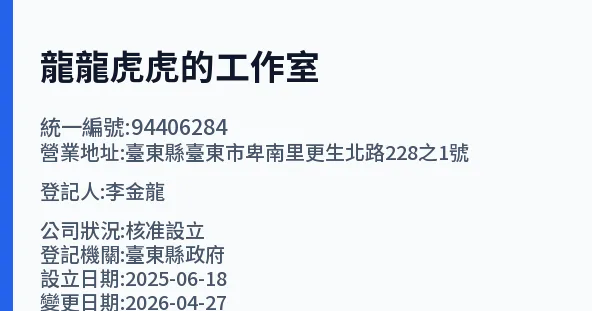 龍龍虎虎的工作室的照片-統編 94406284(臺東縣) 公司登記資料與營業項目詳細圖表