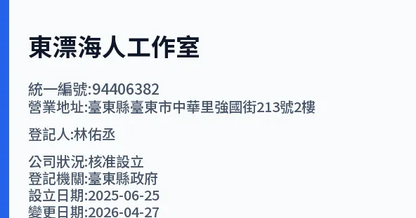 東漂海人工作室的照片-統編 94406382(臺東縣) 公司登記資料與營業項目詳細圖表