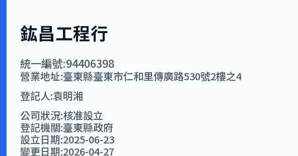 鈜昌工程行的照片-統編 94406398(臺東縣) 公司登記資料與營業項目詳細圖表