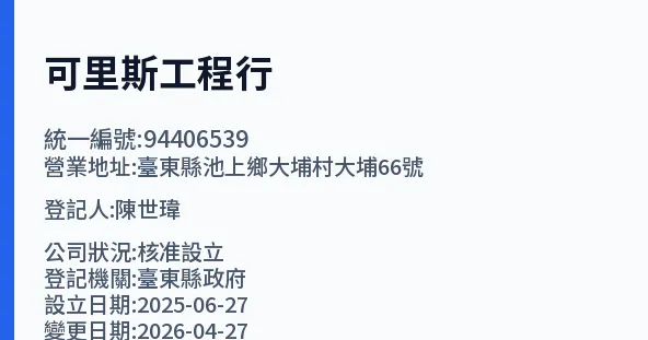 可里斯工程行的照片-統編 94406539(臺東縣) 公司登記資料與營業項目詳細圖表