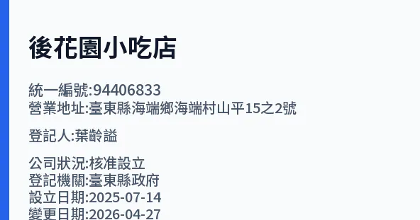 後花園小吃店的照片-統編 94406833(臺東縣) 公司登記資料與營業項目詳細圖表