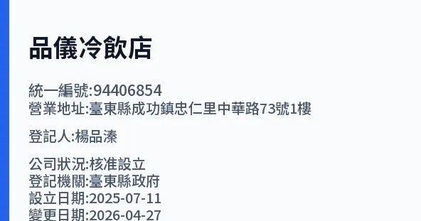 品儀冷飲店的照片-統編 94406854(臺東縣) 公司登記資料與營業項目詳細圖表