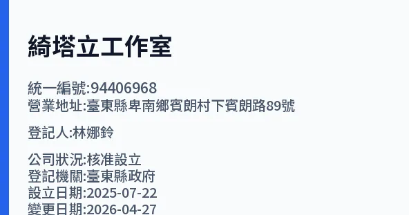 綺塔立工作室的照片-統編 94406968(臺東縣) 公司登記資料與營業項目詳細圖表