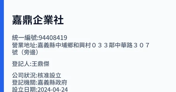 嘉鼎企業社的照片-統編 94408419(嘉義縣) 公司登記資料與營業項目詳細圖表