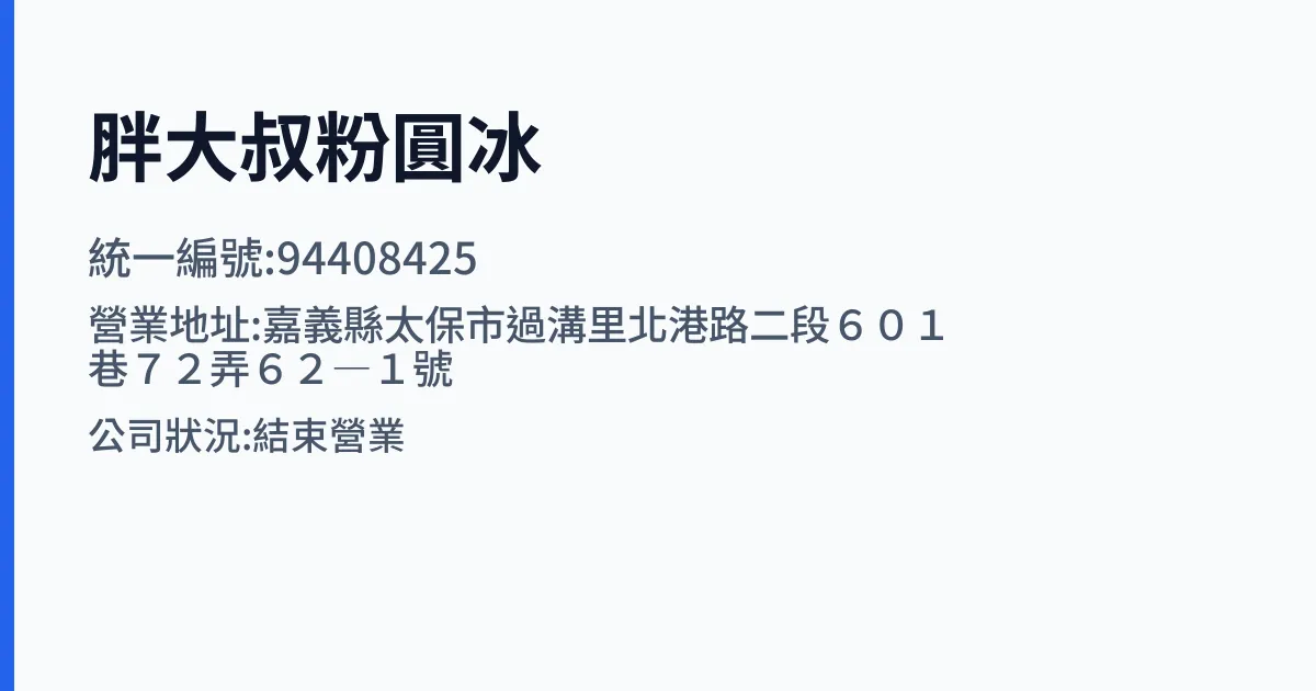 胖大叔粉圓冰 - 統編 94408425(嘉義縣) 公司登記資料與營業項目詳細圖表