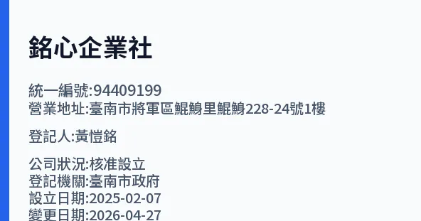 銘心企業社的照片-統編 94409199(臺南市) 公司登記資料與營業項目詳細圖表