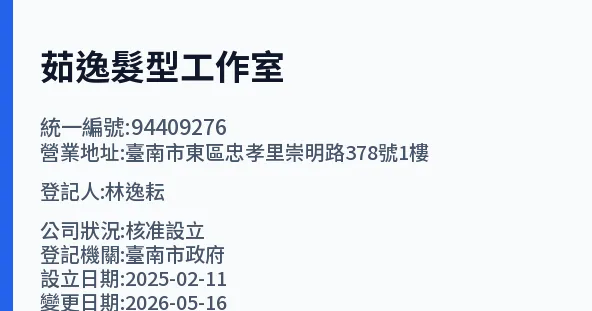 茹逸髮型工作室的照片-統編 94409276(臺南市) 公司登記資料與營業項目詳細圖表