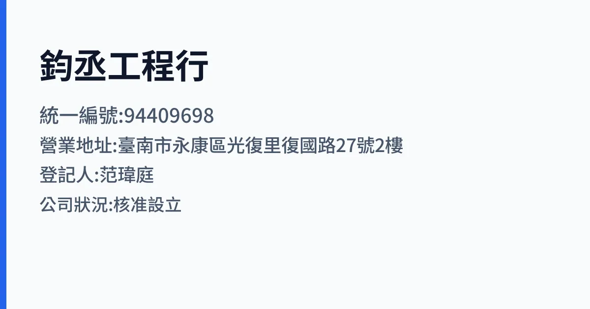 鈞丞工程行 - 統編 94409698(臺南市) 公司登記資料與營業項目詳細圖表