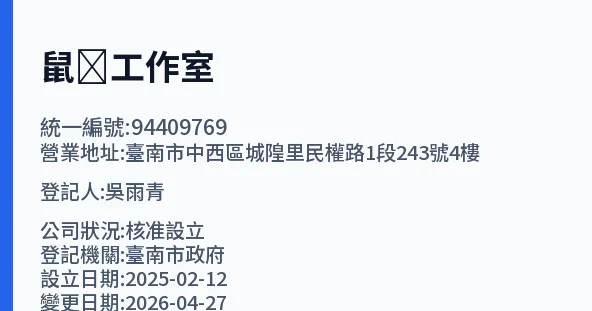 鼠碊工作室的照片-統編 94409769(臺南市) 公司登記資料與營業項目詳細圖表