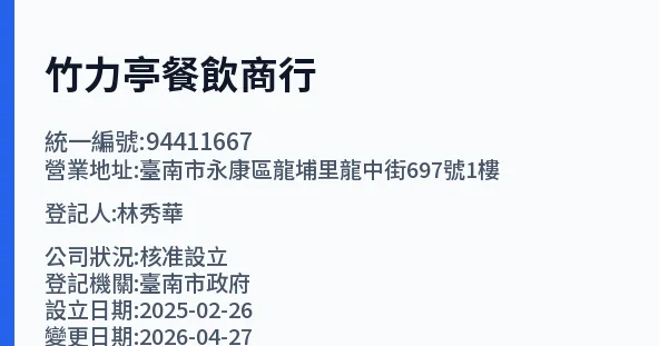 竹力亭餐飲商行的照片-統編 94411667(臺南市) 公司登記資料與營業項目詳細圖表