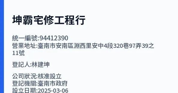 坤霸宅修工程行的照片-統編 94412390(臺南市) 公司登記資料與營業項目詳細圖表