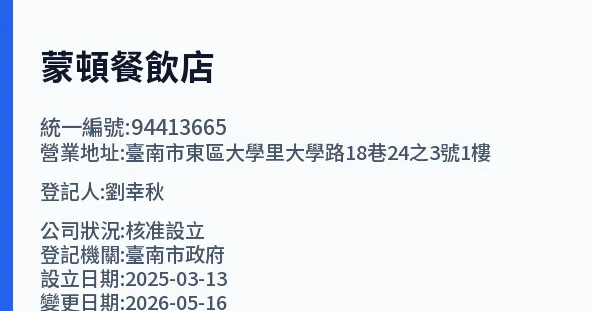 蒙頓餐飲店的照片-統編 94413665(臺南市) 公司登記資料與營業項目詳細圖表