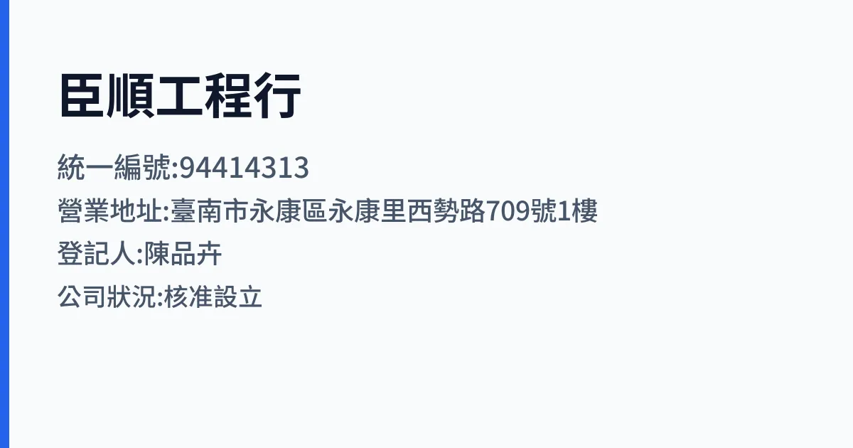 臣順工程行 - 統編 94414313(臺南市) 公司登記資料與營業項目詳細圖表