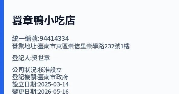 囂章鴨小吃店的照片-統編 94414334(臺南市) 公司登記資料與營業項目詳細圖表