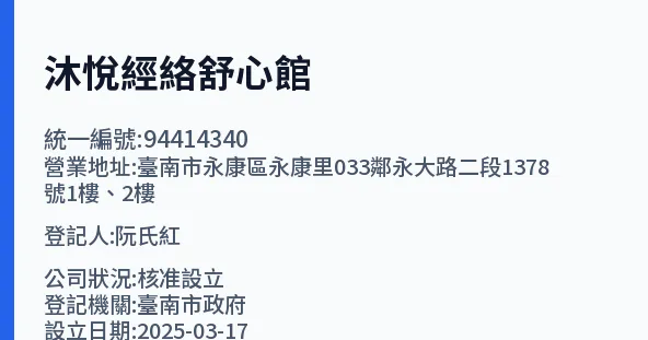 沐悅經絡舒心館的照片-統編 94414340(臺南市) 公司登記資料與營業項目詳細圖表
