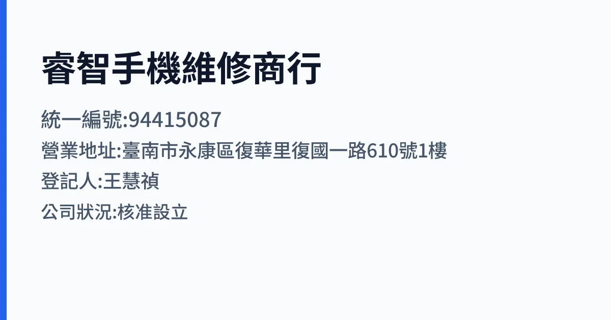 睿智手機維修商行 - 統編 94415087(臺南市) 公司登記資料與營業項目詳細圖表