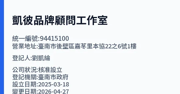 凱彼品牌顧問工作室的照片-統編 94415100(臺南市) 公司登記資料與營業項目詳細圖表