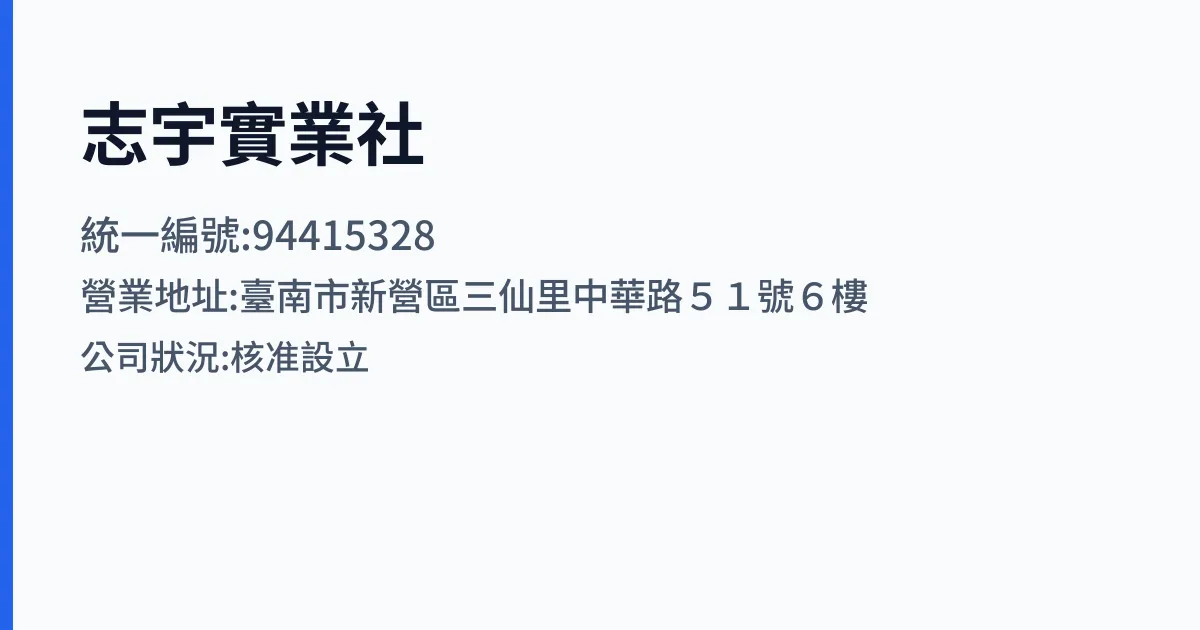 志宇實業社 - 統編 94415328(臺南市) 公司登記資料與營業項目詳細圖表