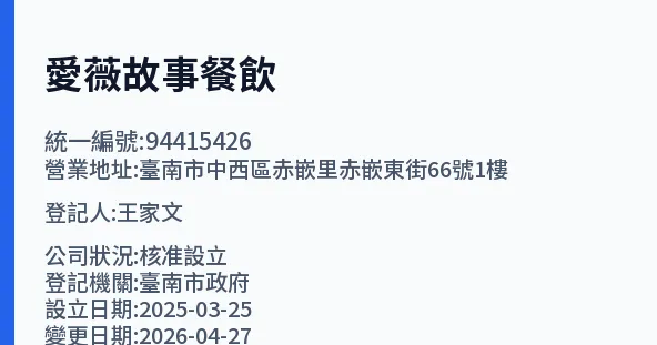 愛薇故事餐飲的照片-統編 94415426(臺南市) 公司登記資料與營業項目詳細圖表
