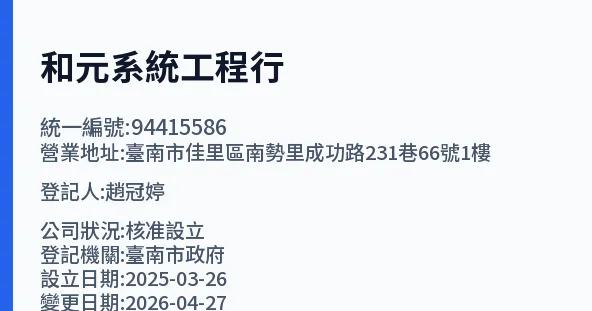 和元系統工程行的照片-統編 94415586(臺南市) 公司登記資料與營業項目詳細圖表