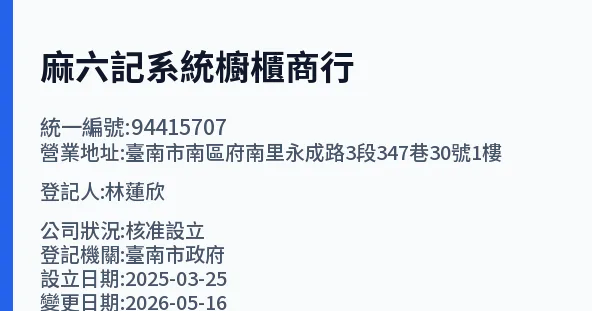 麻六記系統櫥櫃商行的照片-統編 94415707(臺南市) 公司登記資料與營業項目詳細圖表