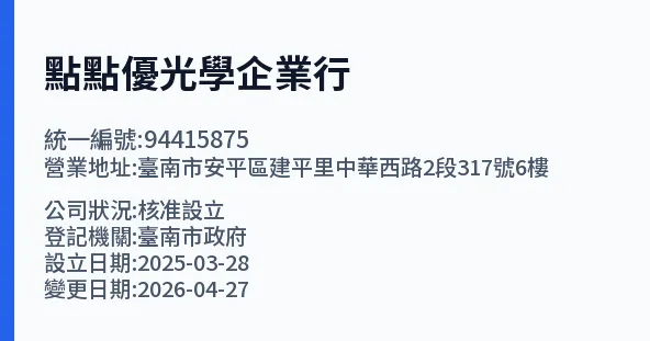 點點優光學企業行的照片-統編 94415875(臺南市) 公司登記資料與營業項目詳細圖表