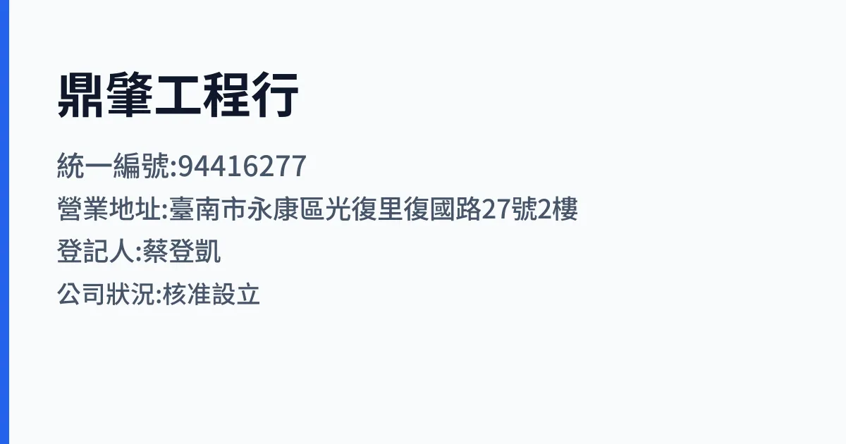 鼎肇工程行 - 統編 94416277(臺南市) 公司登記資料與營業項目詳細圖表