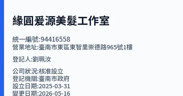緣圓爰源美髮工作室的照片-統編 94416558(臺南市) 公司登記資料與營業項目詳細圖表